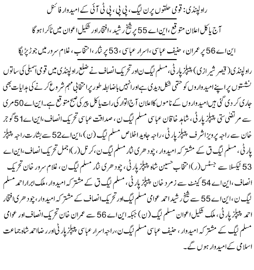 PTI Rawalpindi Candidates list for MNA, MPA and results 2026