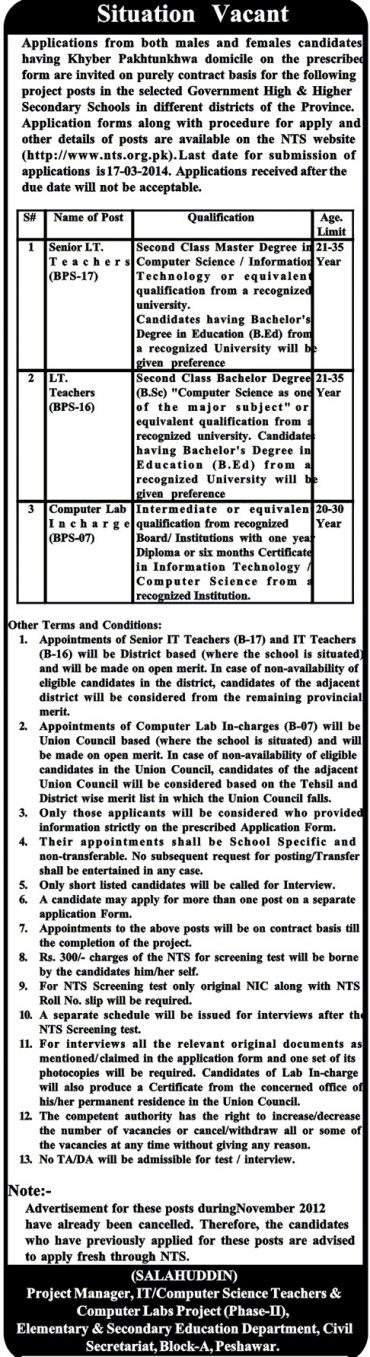 KPK IT Teachers Jobs 2025 NTS Application Form Computer Lab Incharge
