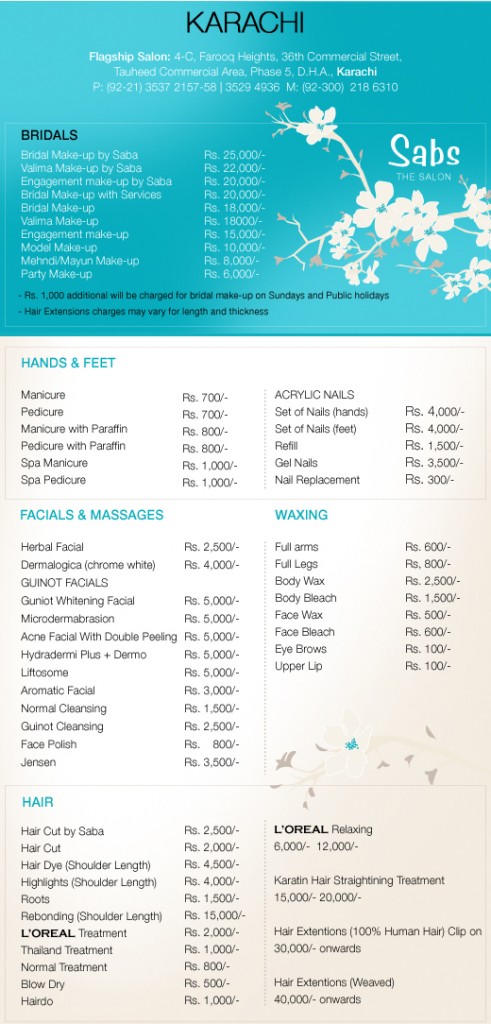 Sabs Beauty Parlour Karachi Price List Rates Charges Contact Number Address