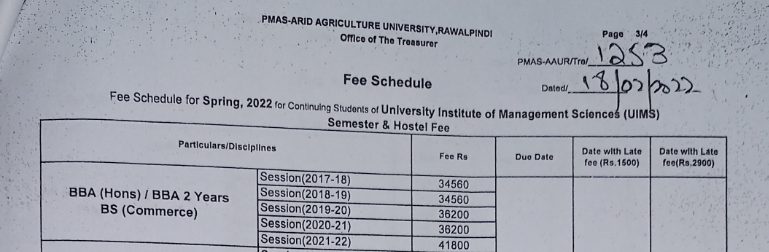 Arid University Fee Structure 2023 Per Semester for BS Programs, BBA